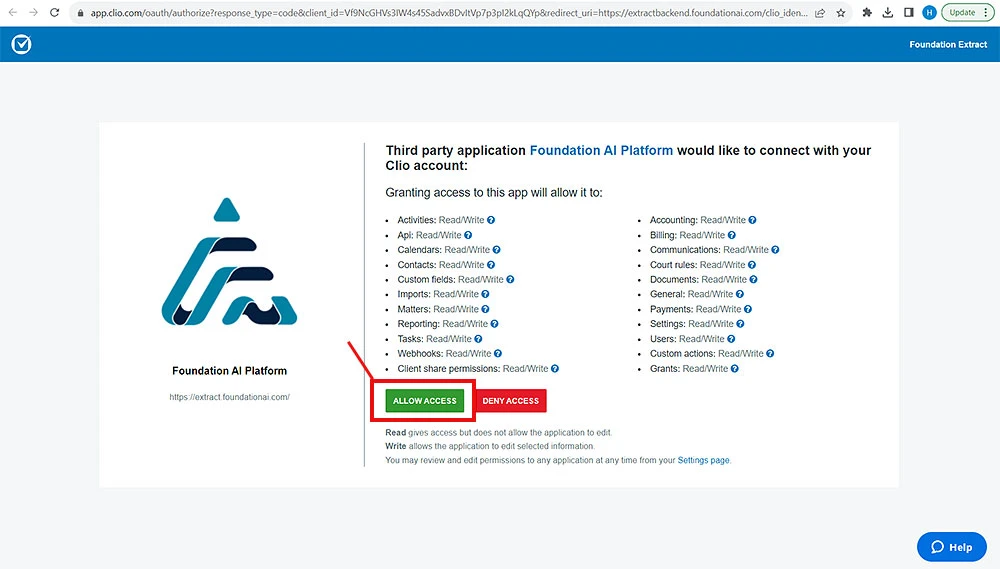 Foundation AI and Clio Integration Onboarding instructions